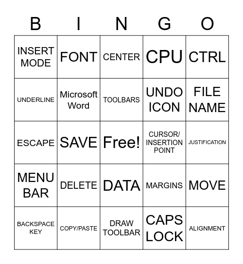 Microsoft Word Vocabulary Bingo Card