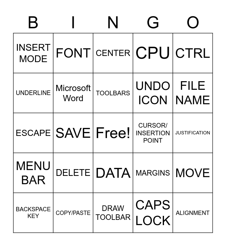 Microsoft Word Vocabulary Bingo Card