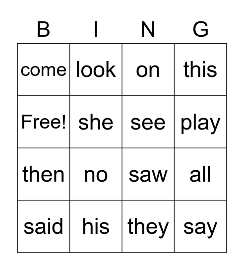 Snap Words Bingo Card