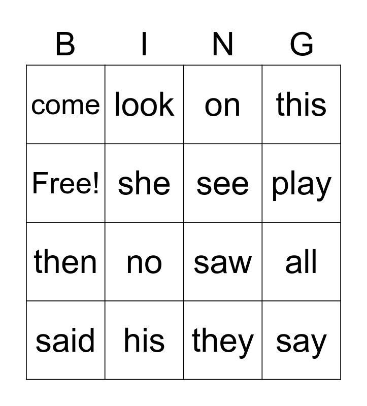 Snap Words Bingo Card