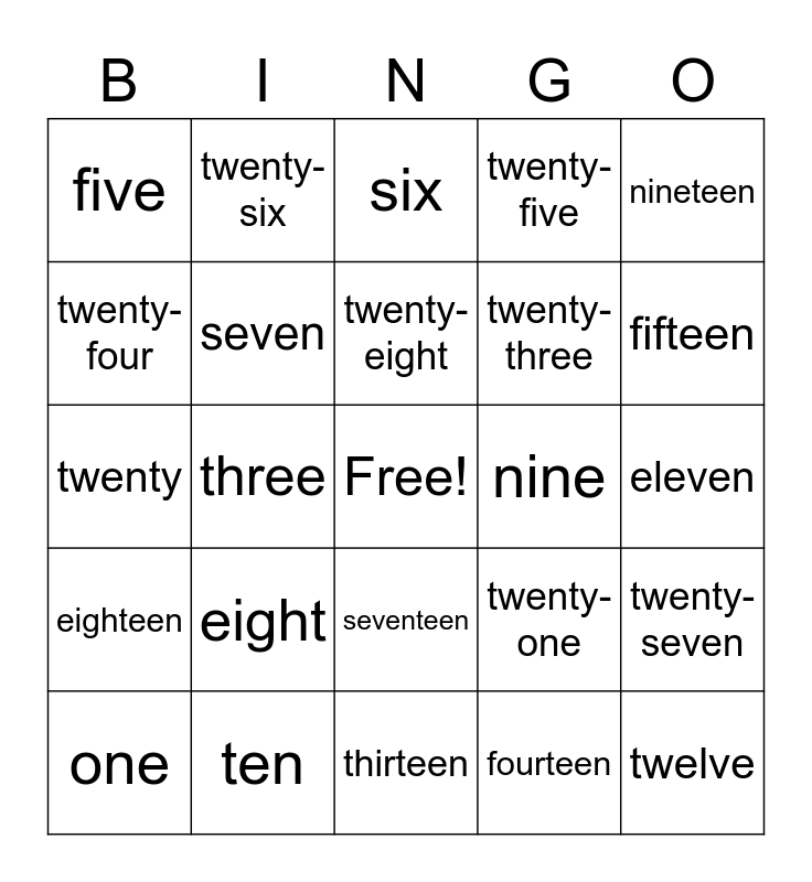 Written Numbers (1-25) Bingo Card