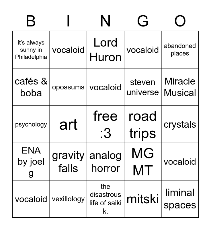 my interests: bingo edition!!! Bingo Card