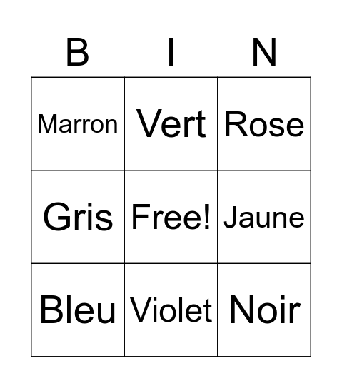 Les couleurs Bingo Card