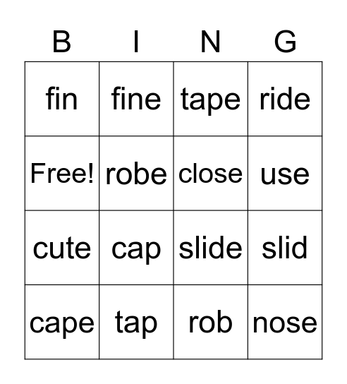 Spelling Bingo Card