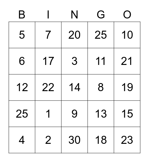 Number 1- 30 Bingo Card