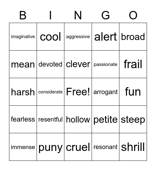 Adjectives Bingo Card