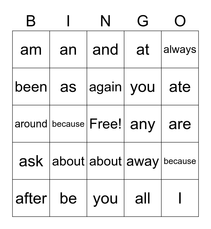 Sight Word Chant September Bingo Card