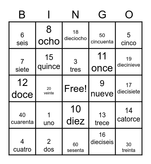 Numbers Bingo Card