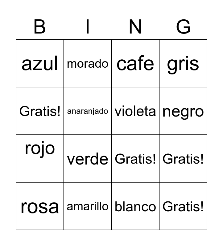 Los colores Bingo Card