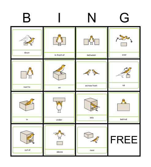 Prepositions Bingo Card