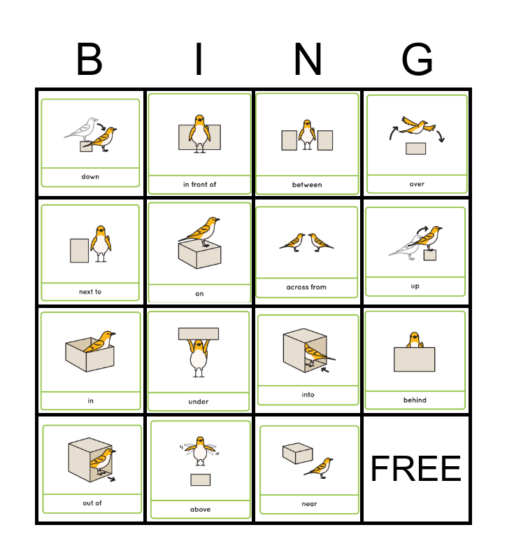 Prepositions Bingo Card