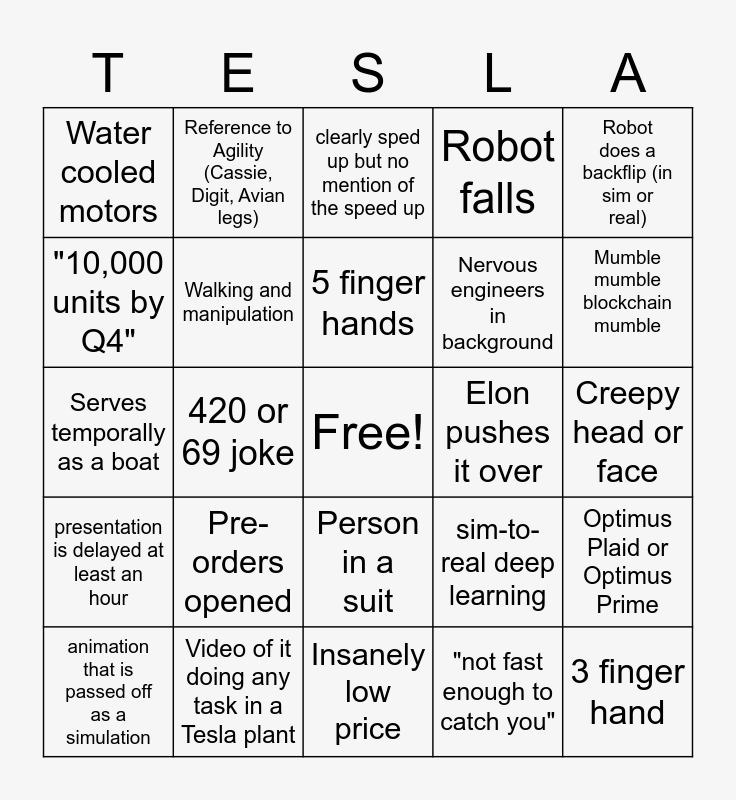 TESLA AI Day Bingo Card