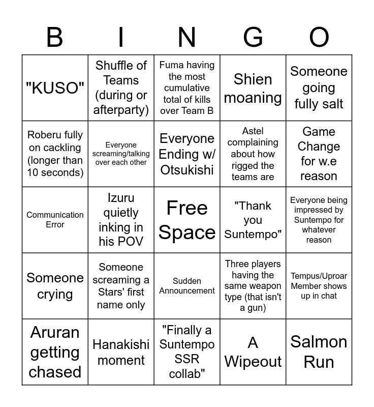 Splatoon 3 Collab Bingo Card Bingo Card