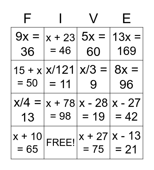One-Step Equations Bingo Card