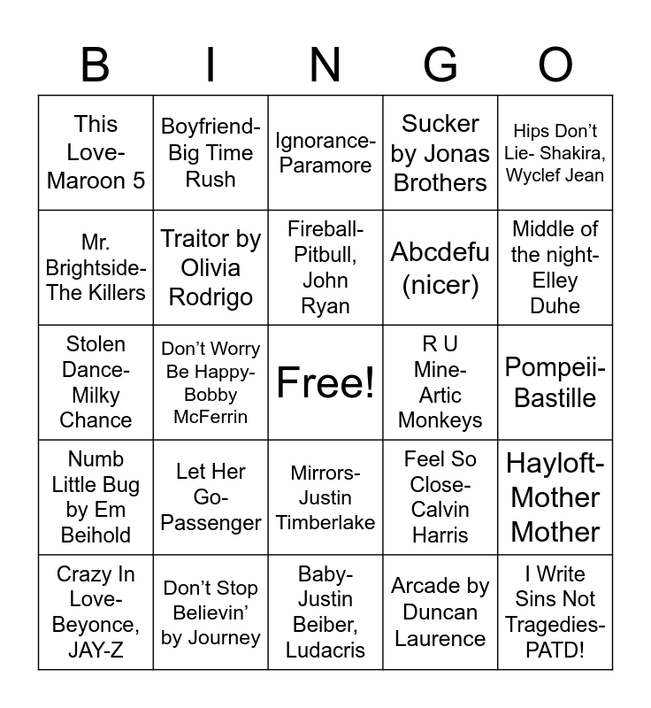 NHS Music Bingo Card