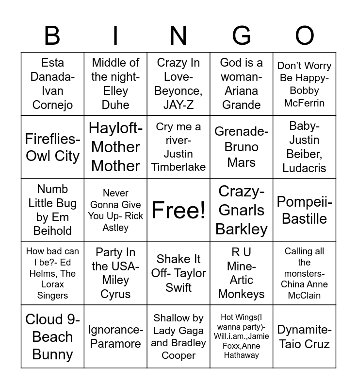 NHS Music Bingo Card