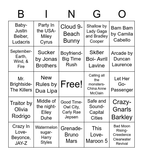NHS Music Bingo Card