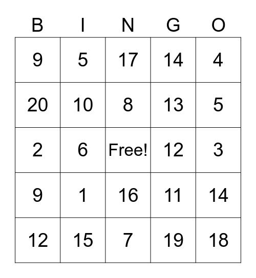 1-20 Bingo Card
