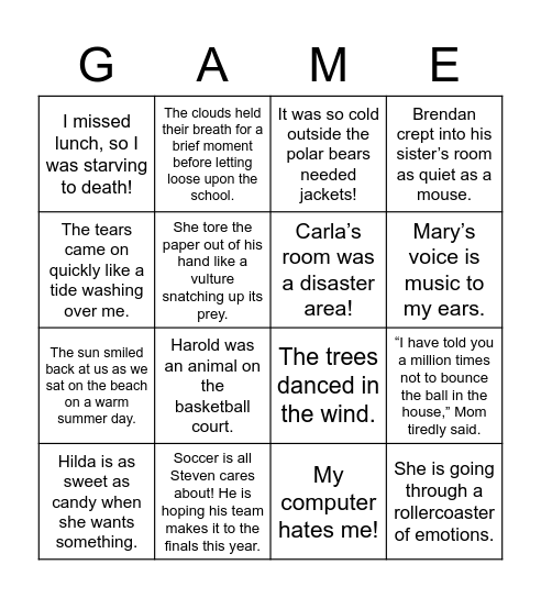 Figurative Language Bingo Card