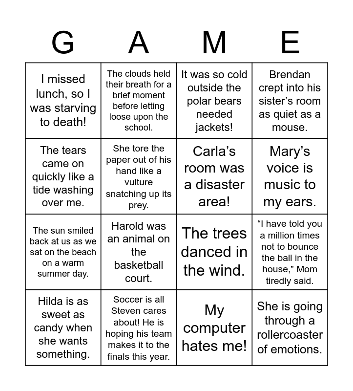 Figurative Language Bingo Card