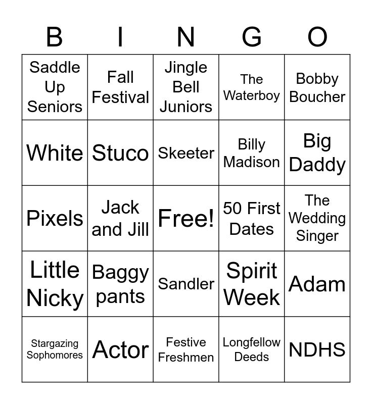 Spirit Week Bingo Card