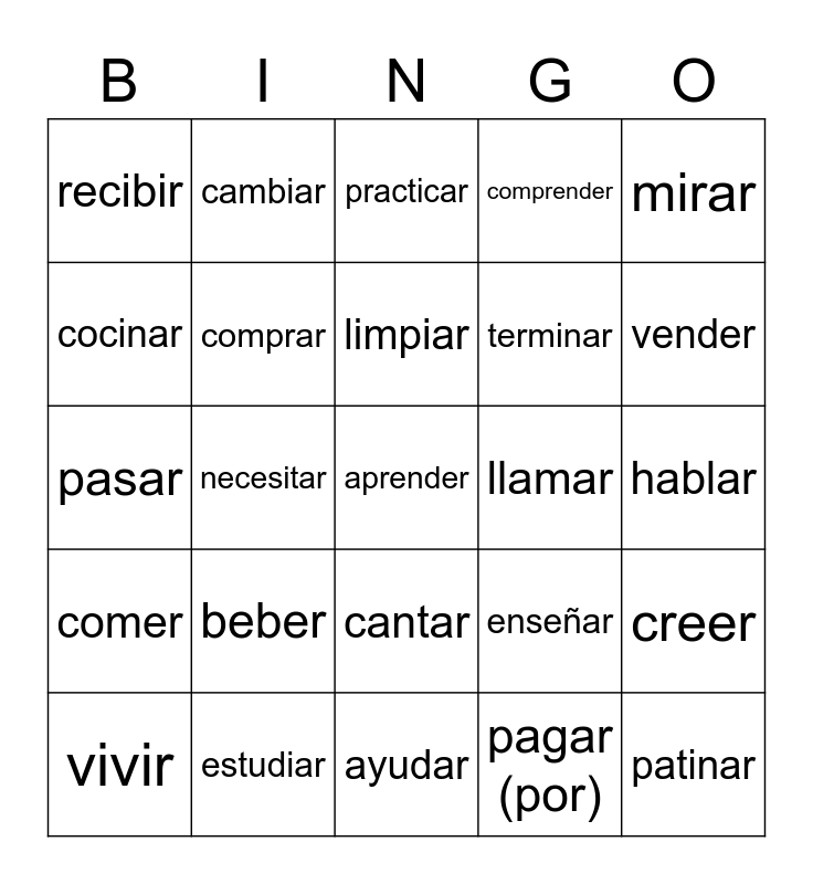 Verbos Infinitivos Bingo Card