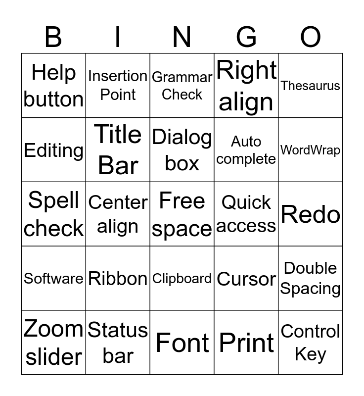 Word Processing Basics Bingo Card