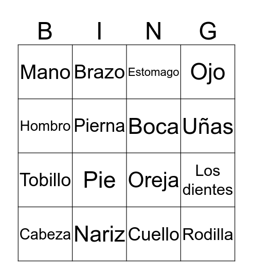 Las Partes Del Cuerpo Bingo Card
