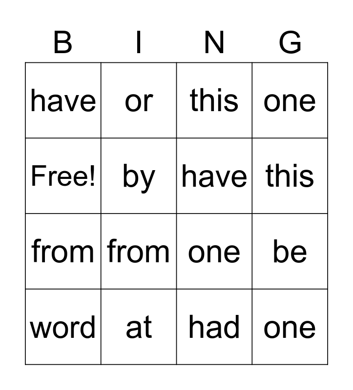Word List 3 Bingo Card