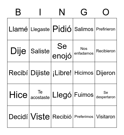 Pretérito BINGO Card