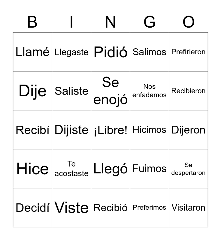 Pretérito BINGO Card