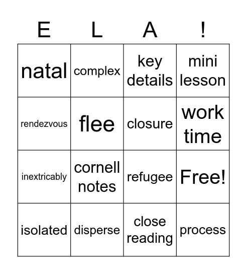 ELA Vocabulary Bingo Card