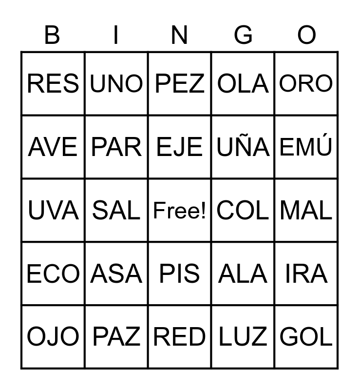 Palabras de 3 Letras Bingo Card