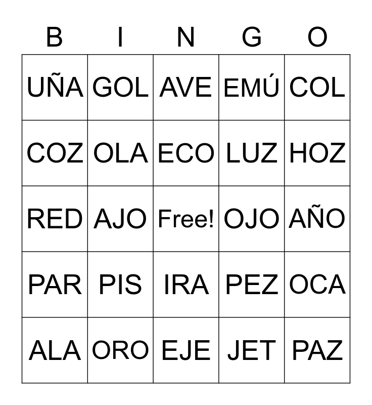 Palabras CVC/VCV Bingo Card