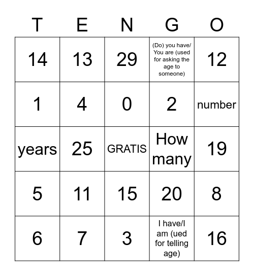 Los números y la edad (age) Bingo Card