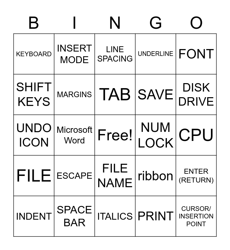 Microsoft Word Vocabulary Part 2 Bingo Card
