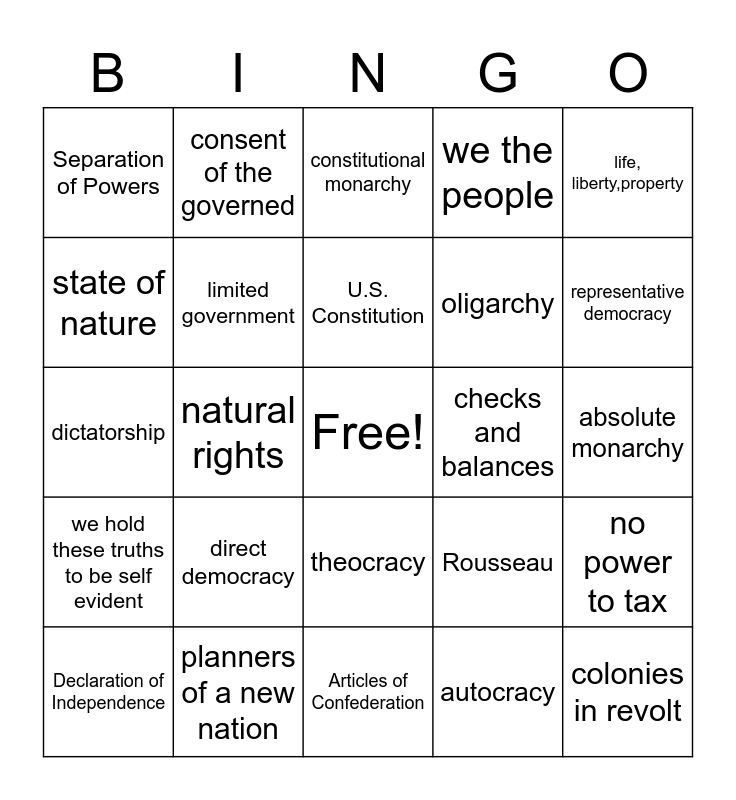 Unit 1: Government Review Bingo Card