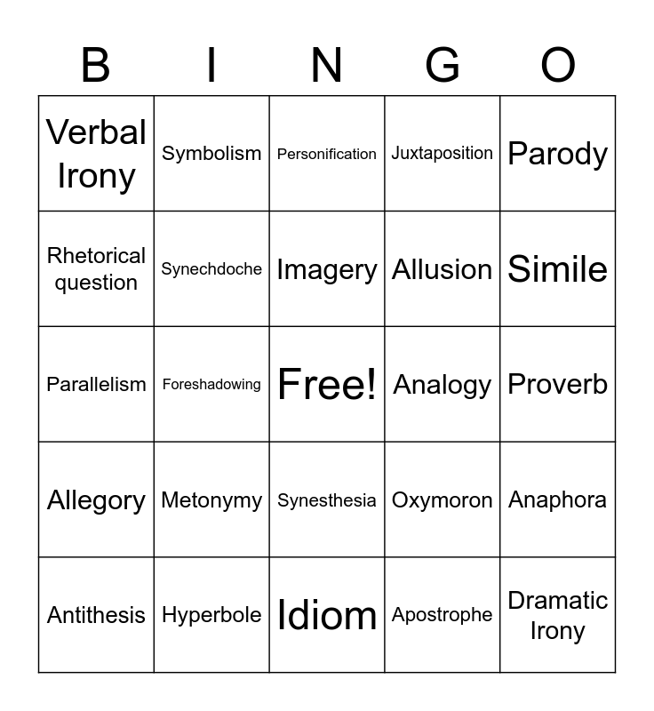 Literary Device Bingo Card