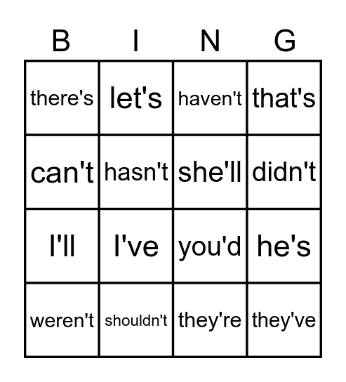 Contraction Bingo! Bingo Card
