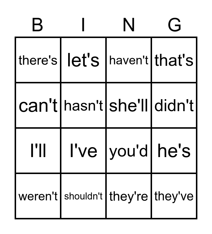 Contraction Bingo! Bingo Card
