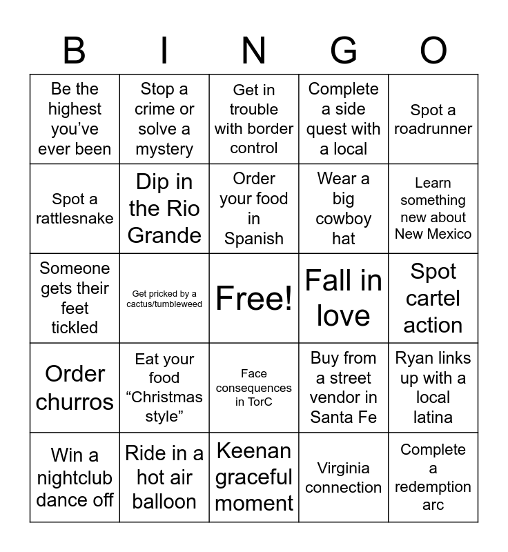 New Mexico Bingo Card