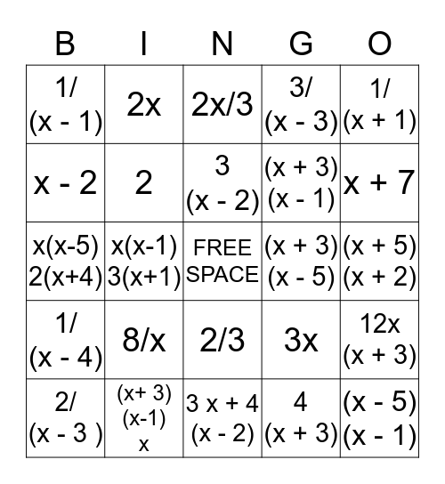 RATIONAL EXPRESSIONS BINGO Card