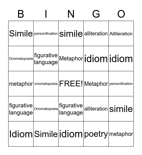 Figurative Language Bingo Card