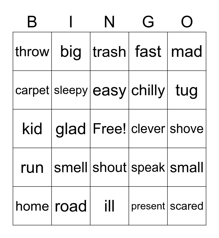 Synonym Bingo Card