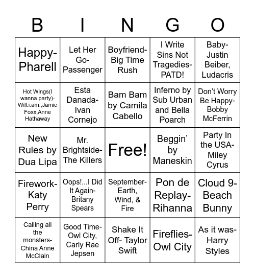 NHS Music Bingo Card