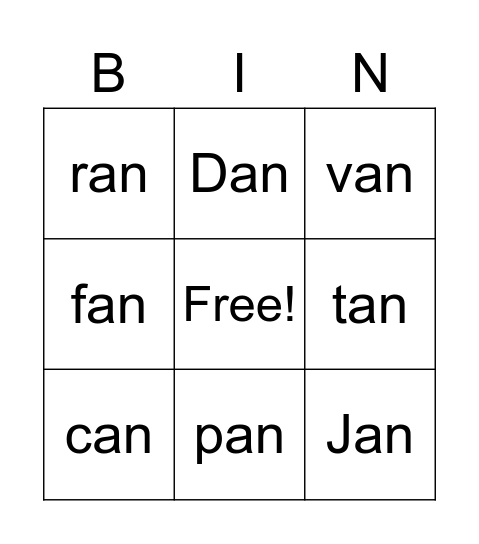an word families Bingo Card