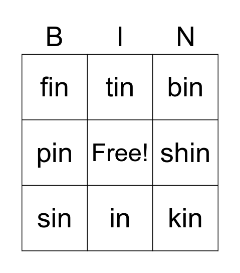in word families Bingo Card