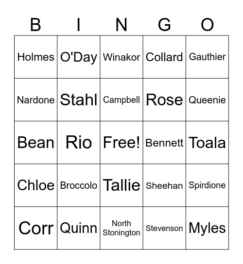 Names Bingo Bennett Bingo Card