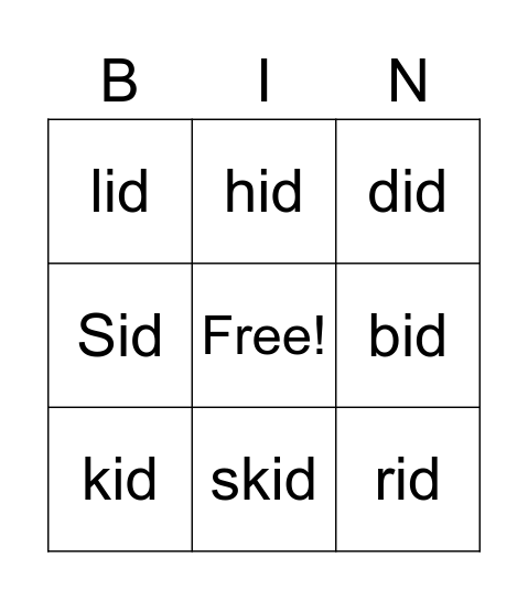 id word families Bingo Card