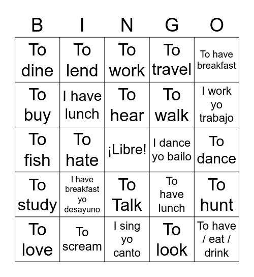 AR verbs in Spanish Bingo Card